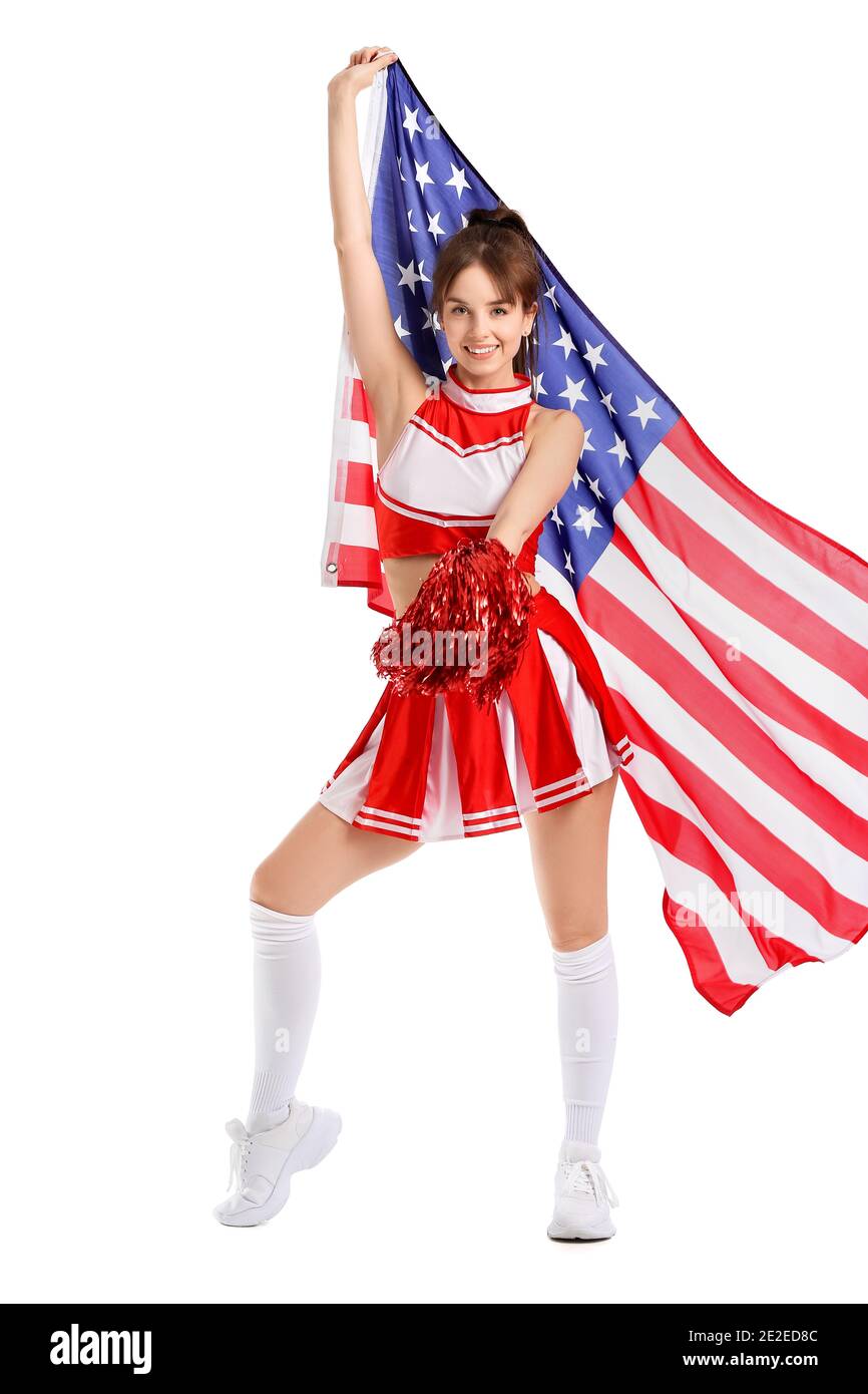 Beautiful young cheerleader with USA flag on white background Stock ...