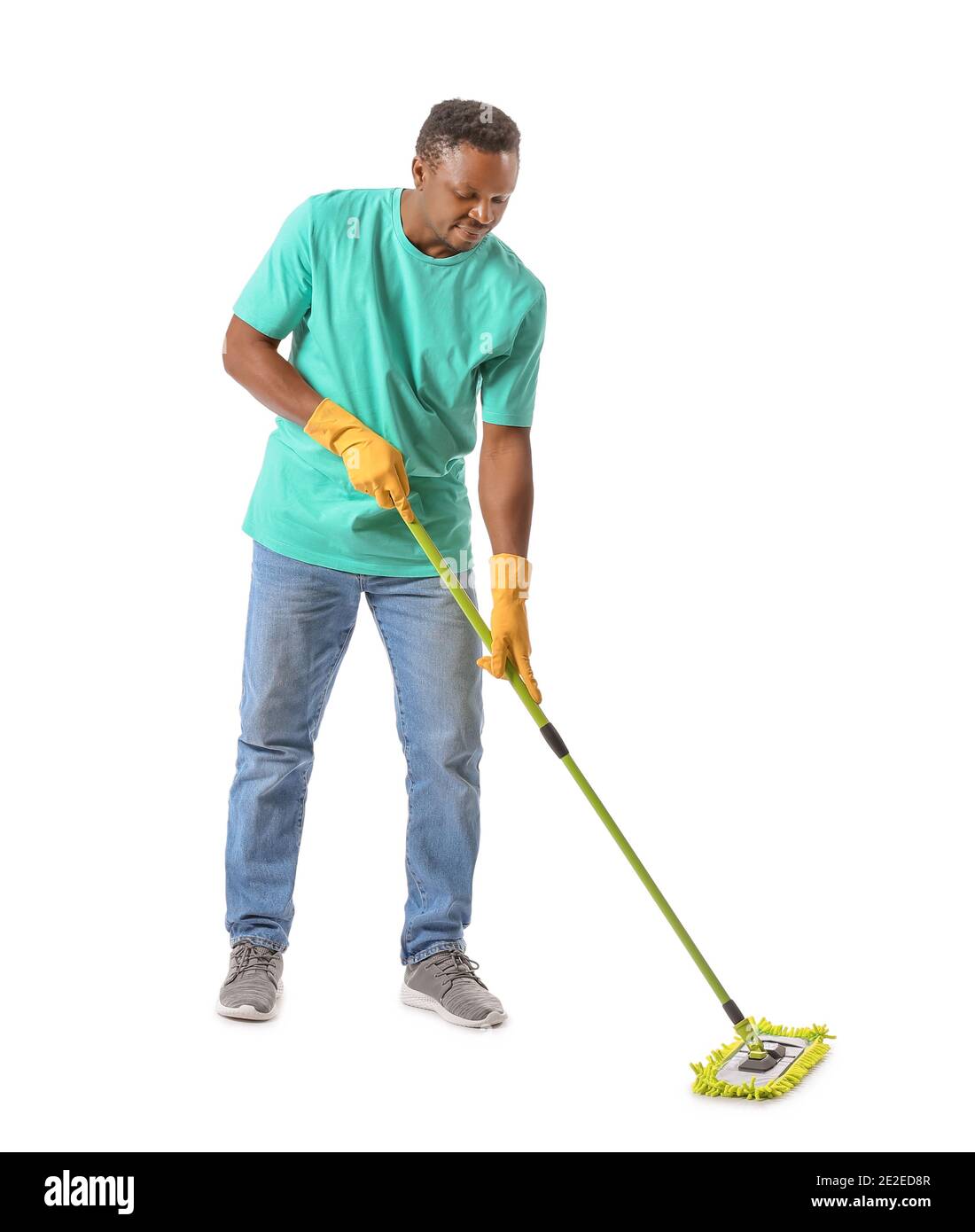 African-American man with mop on white background Stock Photo - Alamy