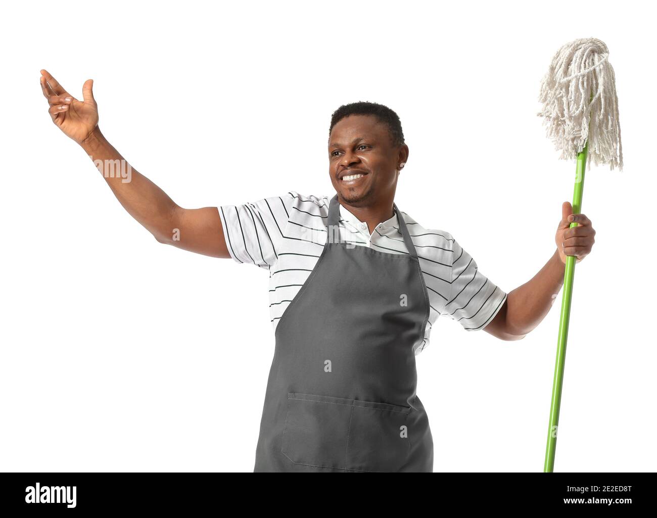 African-American man with mop on white background Stock Photo - Alamy