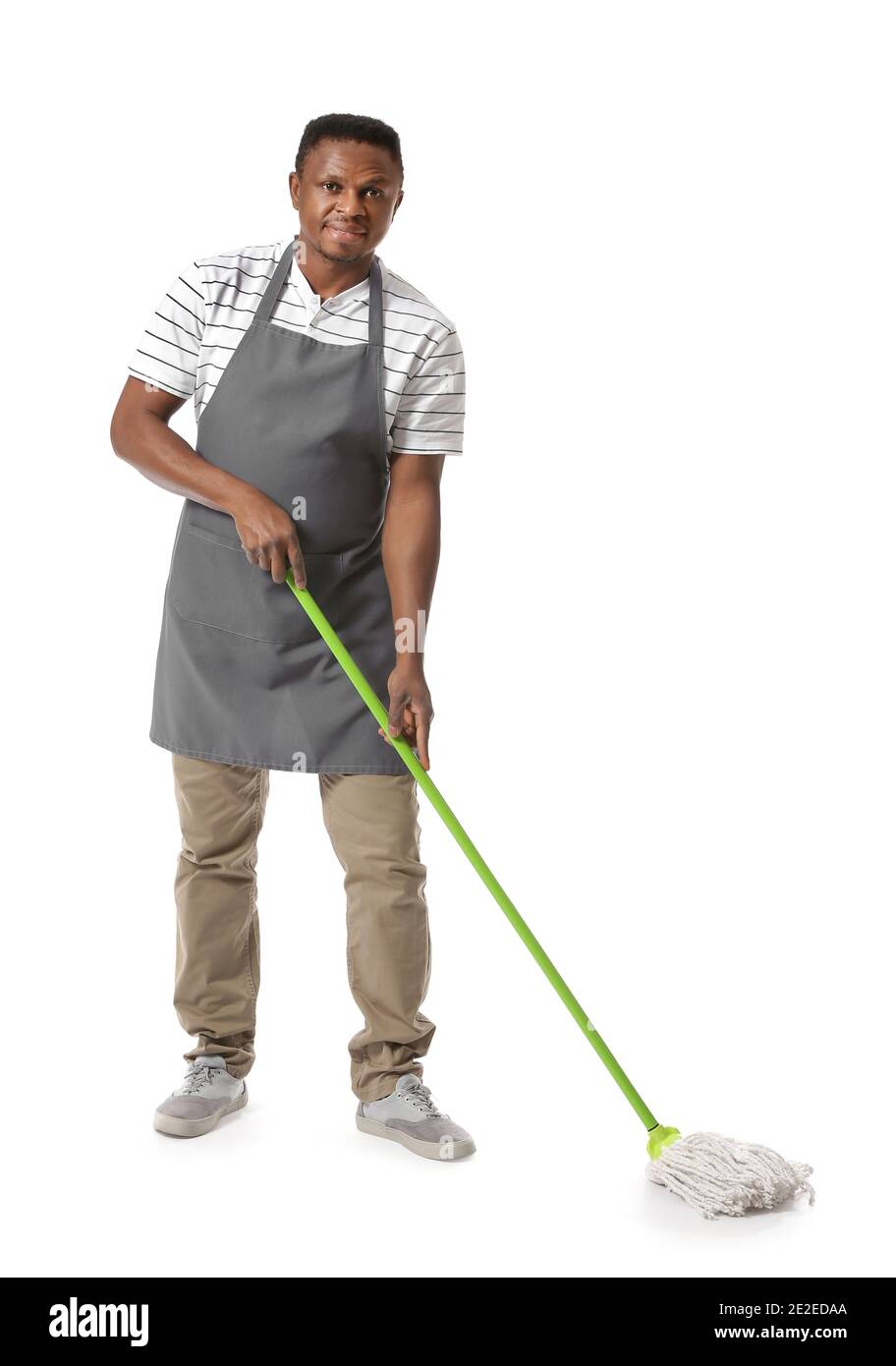 African-American man with mop on white background Stock Photo - Alamy