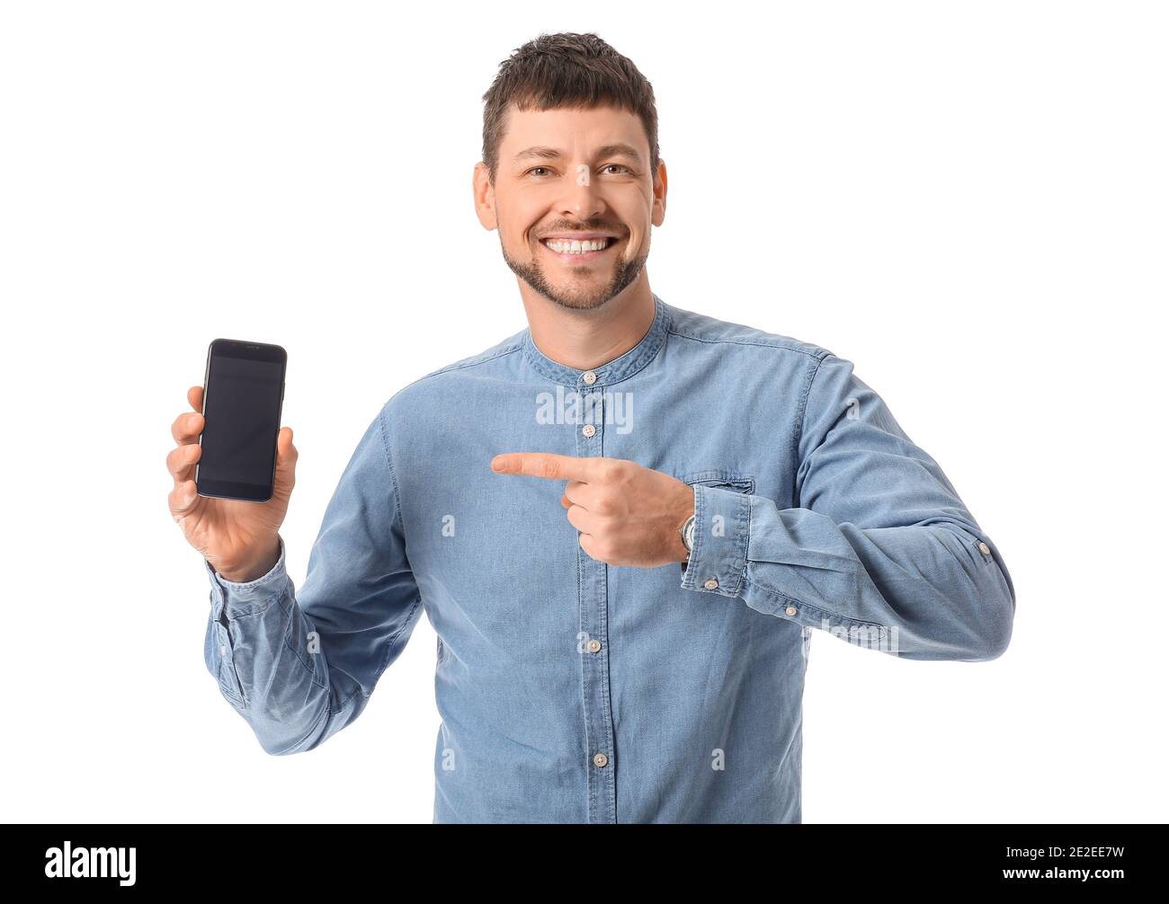 Man with mobile phone on white background Stock Photo - Alamy