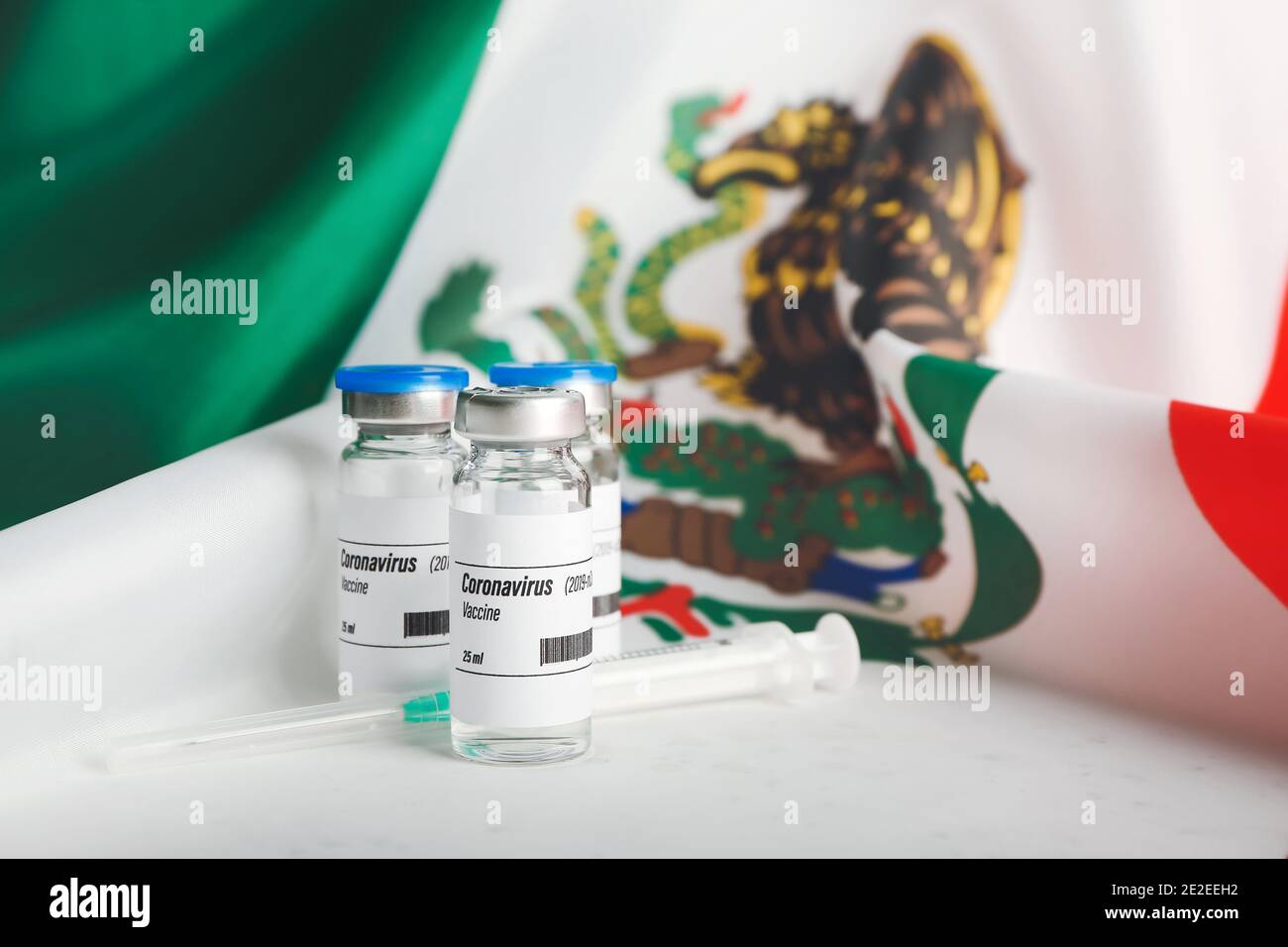 Vaccine for immunization against COVID-19 on flag of Mexico Stock Photo ...