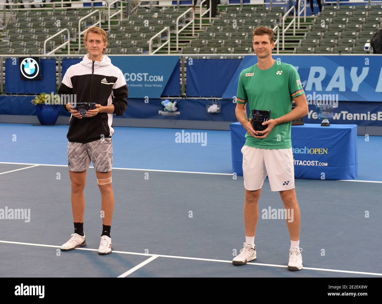 Delray Beach, Florida, USA. 13th Jan, 2021. Hubert Hurkacz of Poland and Sebastian Korda are ...