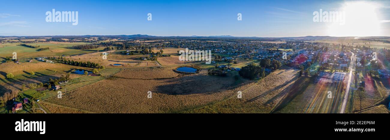 Small town Orbost and grazelands at sunset - wide aerial panorama Stock ...