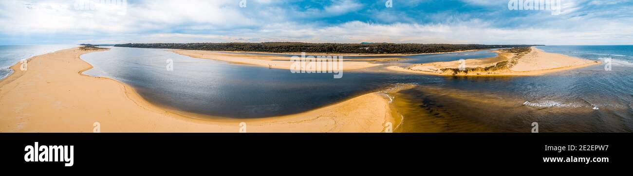 Wide aerial panorama of ocean beach at Marlo, Victoria, Australia Stock ...