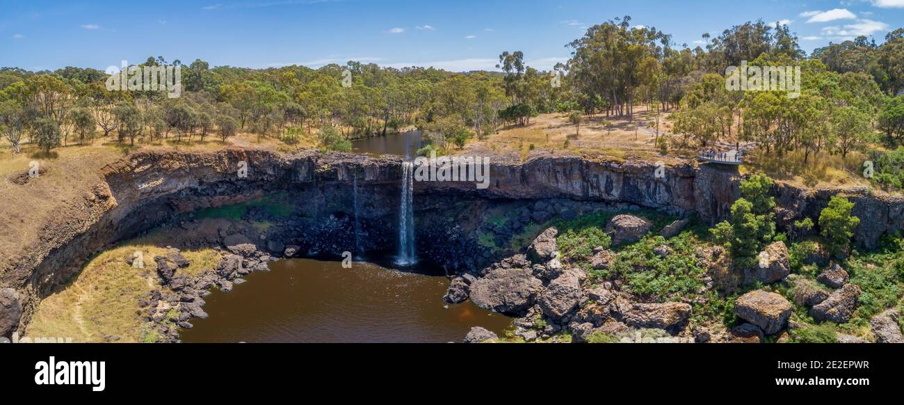Scenic Wannon Falls on hot summer day in Victoria, Australia - wide aerial panoramic landscape ...