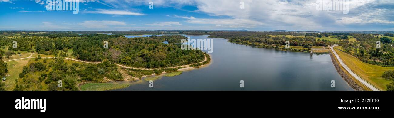 Ultra wide aerial panorama of Devilbend Reservoir in Victoria ...
