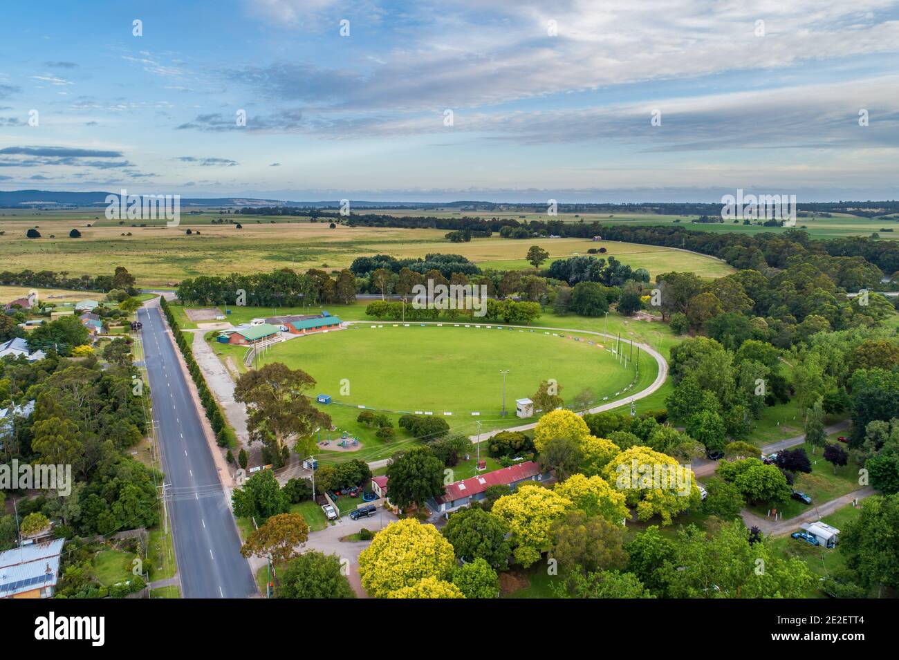 Aerial view of Lochiel Street Reserve oval in Orbost, Victoria ...