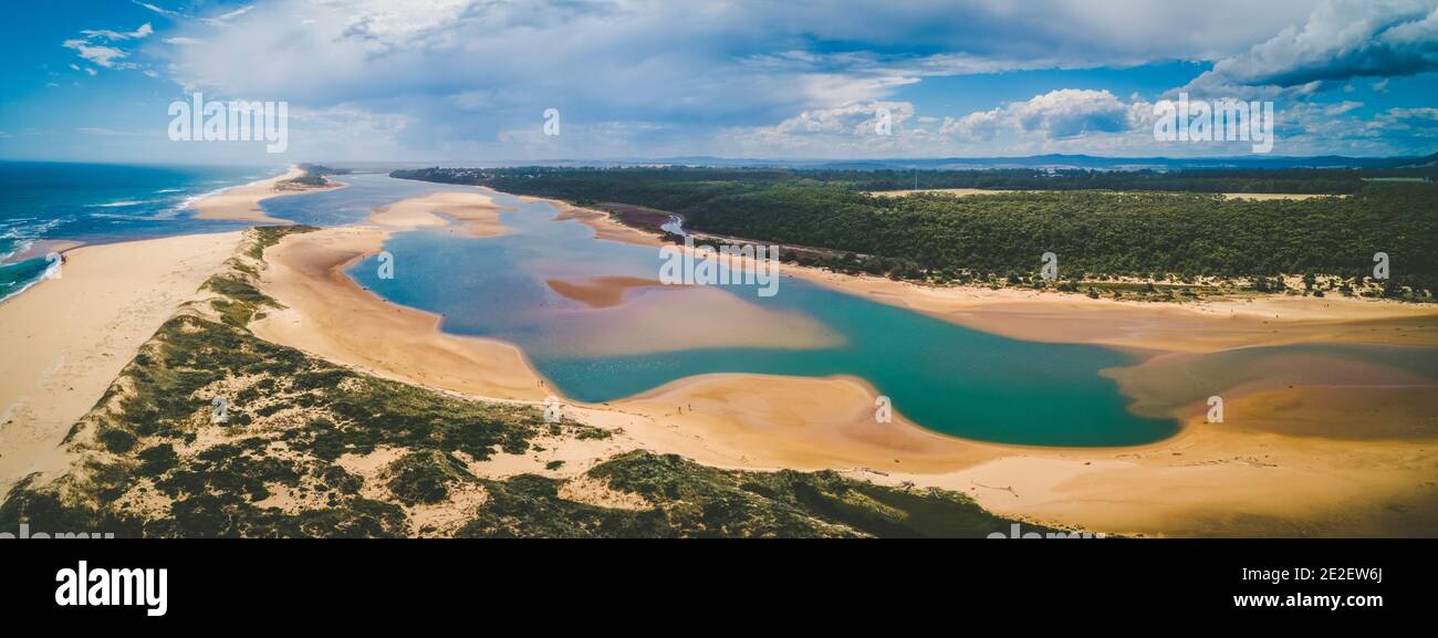 Aerial panoramic landscape of Snowy River Estuary. Marlo, Victoria ...
