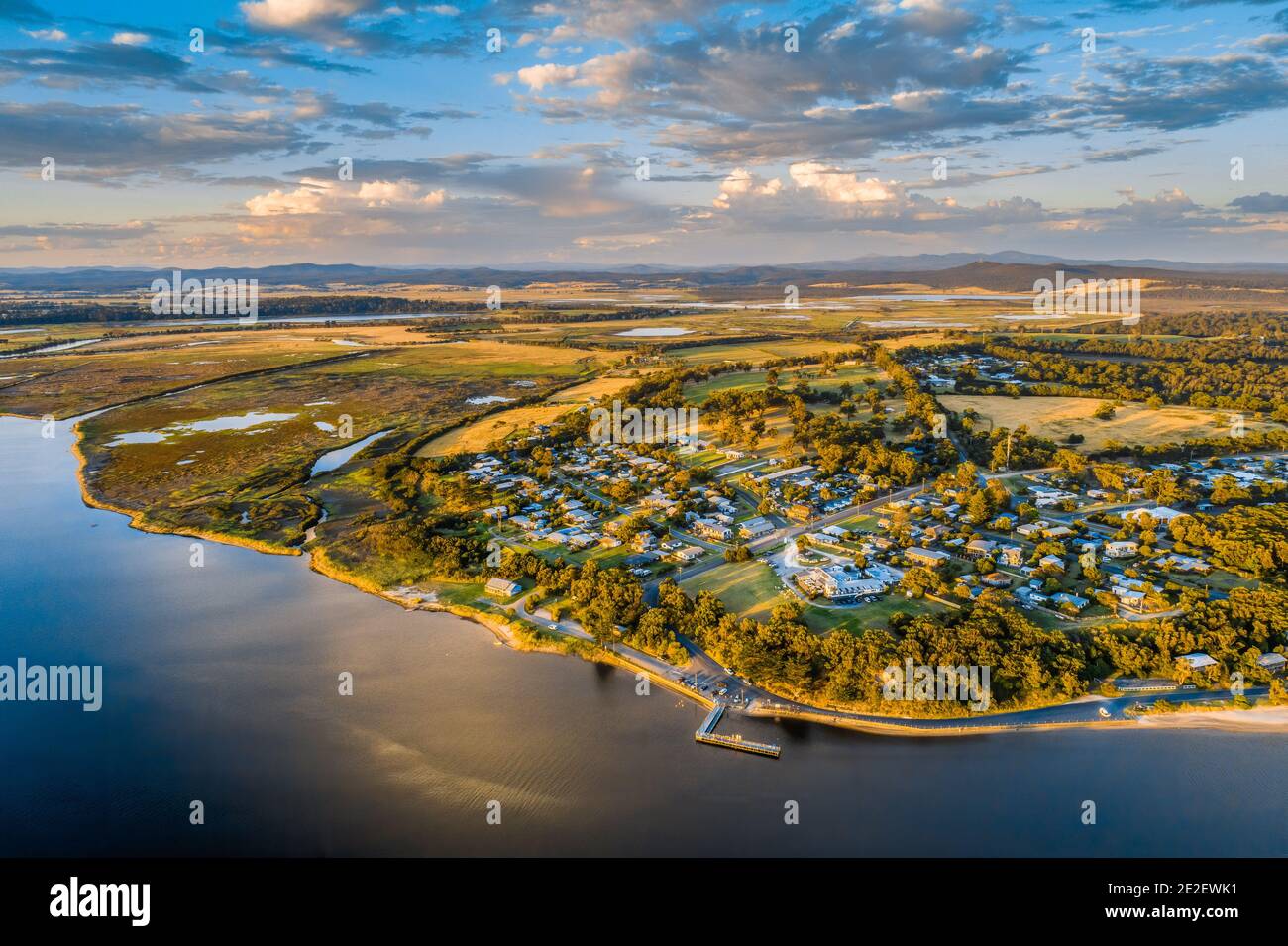 Aerial view of Marlo town at sunset in Victoria, Australia Stock Photo ...