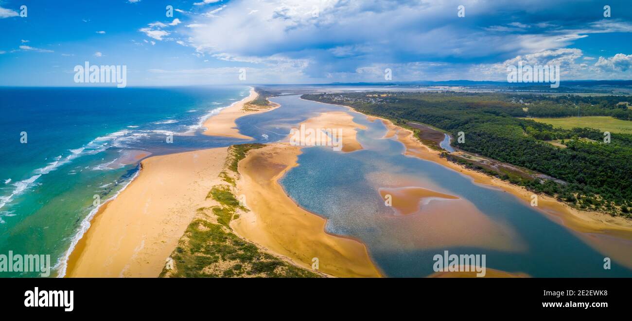 Aerial panorama of Snowy River Estuary and coastal vegetation in Marlo ...