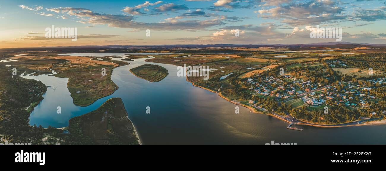 Panorama of Marlo township and the Snowy River at sunset. Victoria ...