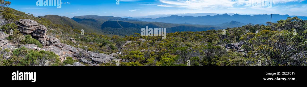 Wide panorama of mountains viewed from Mount William in Grampians ...