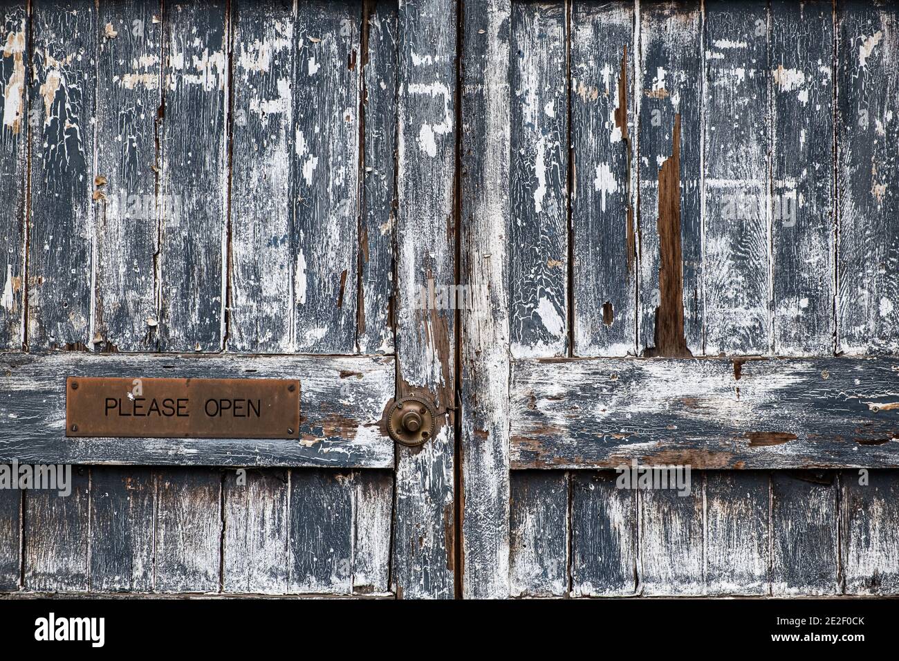 Beautiful rustic door closeup with sign saying please open Stock Photo ...