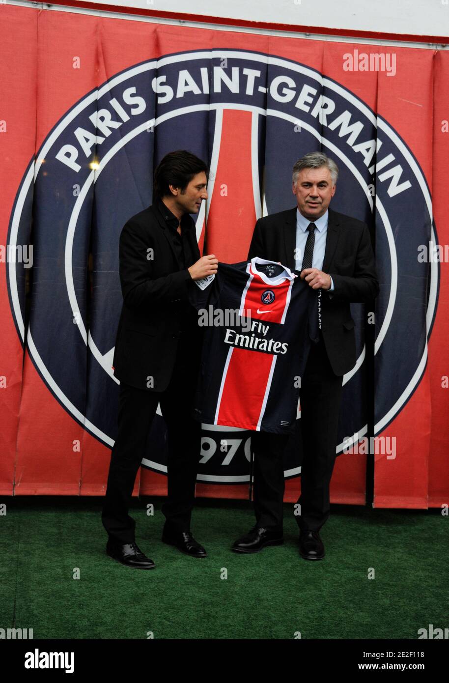 PSG's Manager Leonardo introducing the new coach Carlo Ancelotti during ...