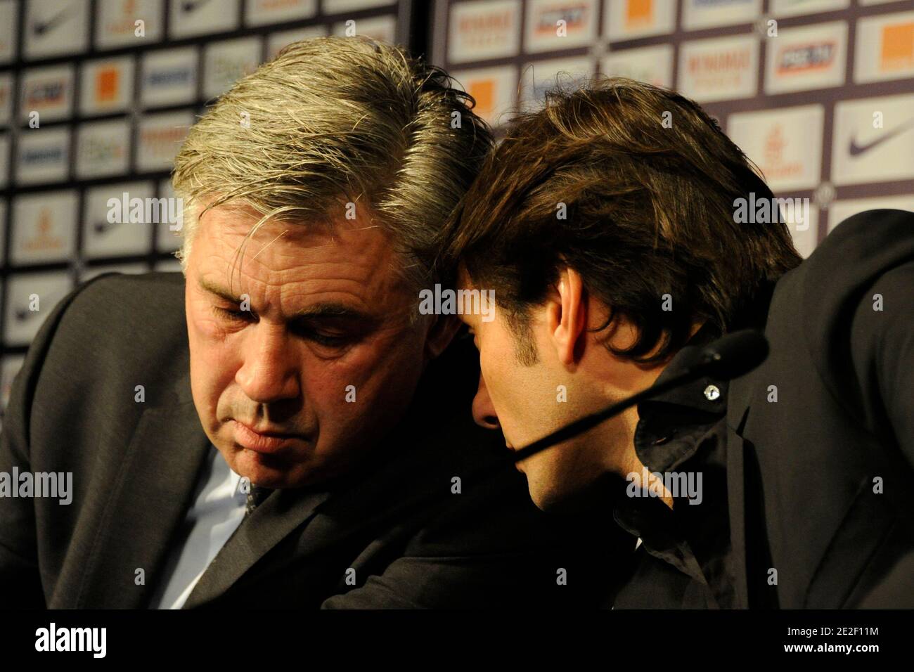PSG's Manager Leonardo introducing the new coach Carlo Ancelotti during ...