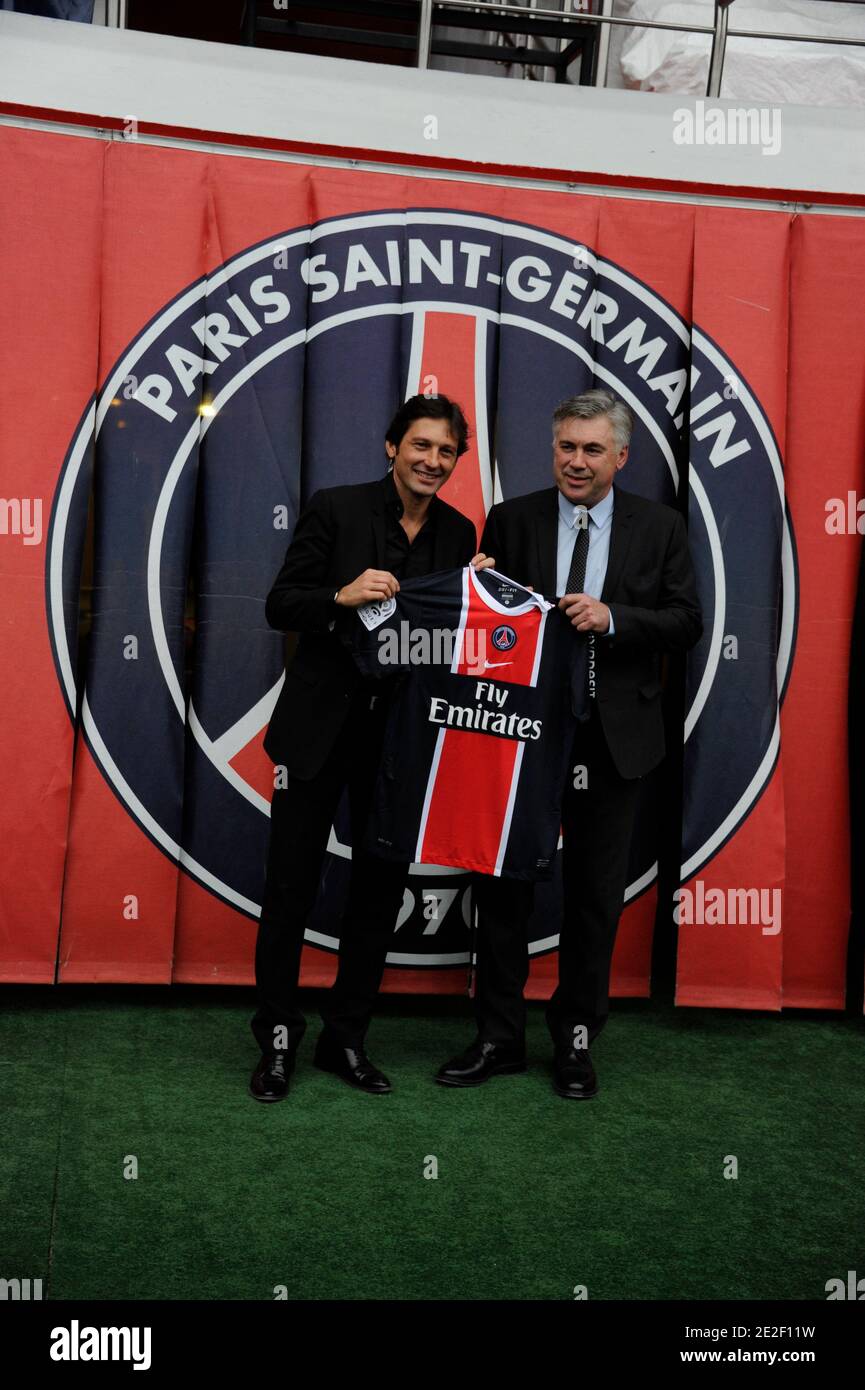 PSG's Manager Leonardo introducing the new coach Carlo Ancelotti during ...