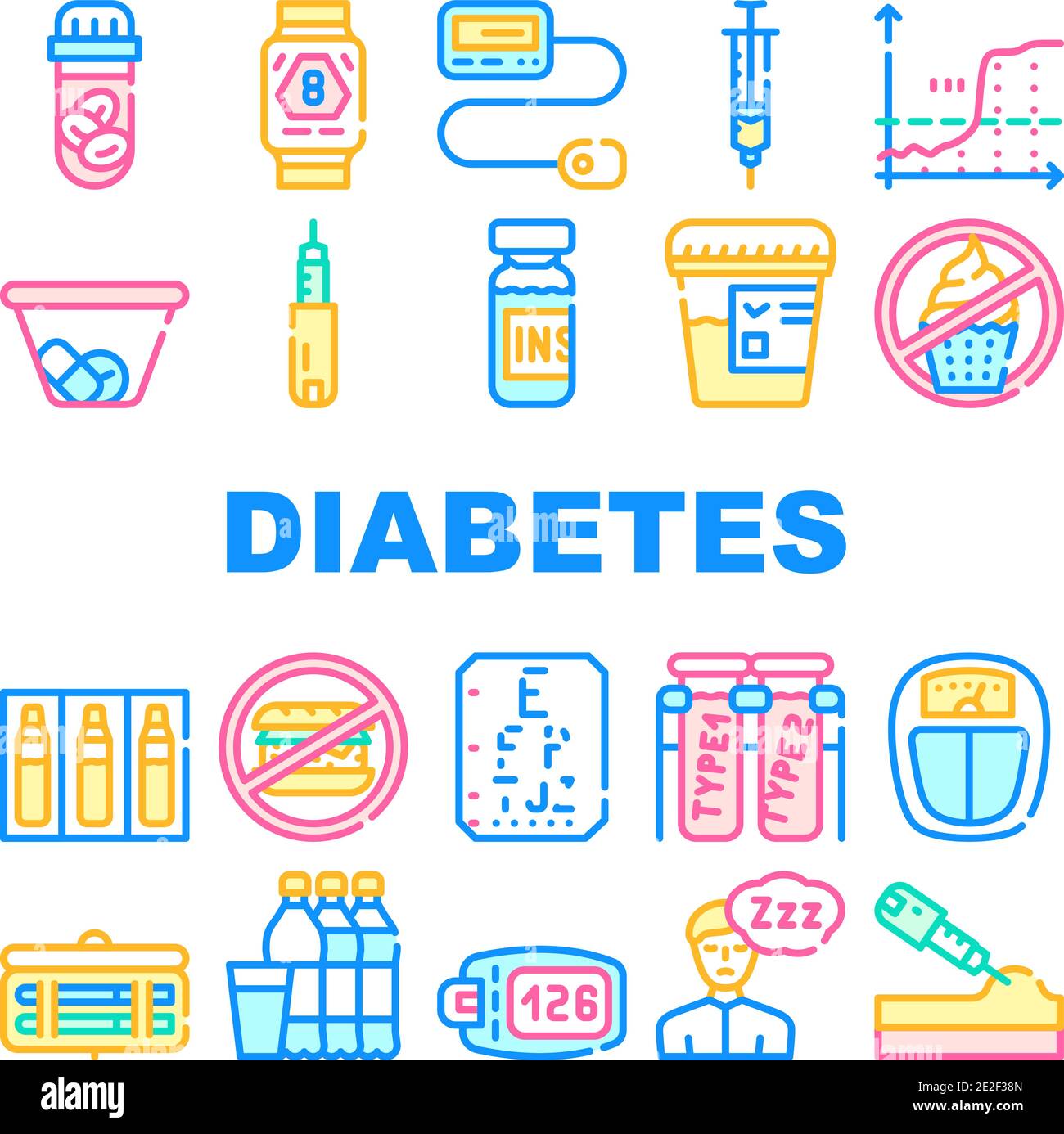 Diabetes Ill Treatment Collection Icons Set Vector Stock Vector Image ...