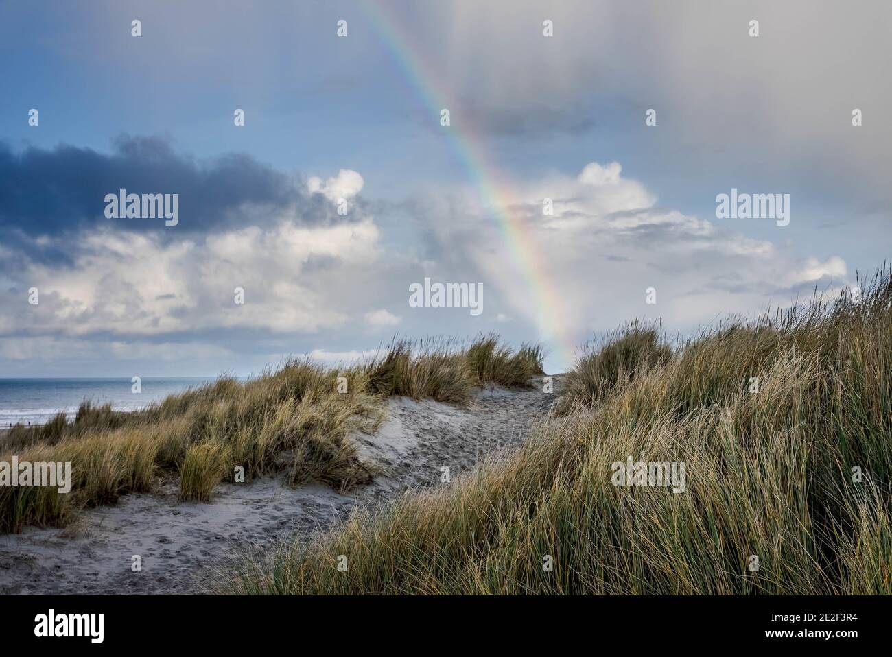 Beautiful rainbow over the ocean captured from the grass-covered beach ...