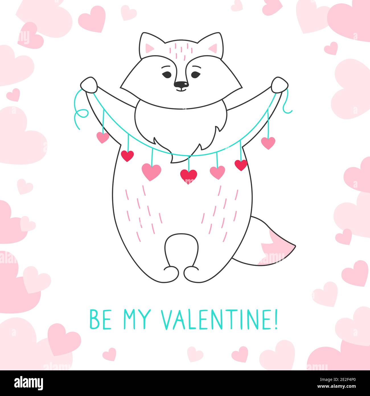 Happy valentines Day greeting card, fox holding garland of hearts. Draw ...