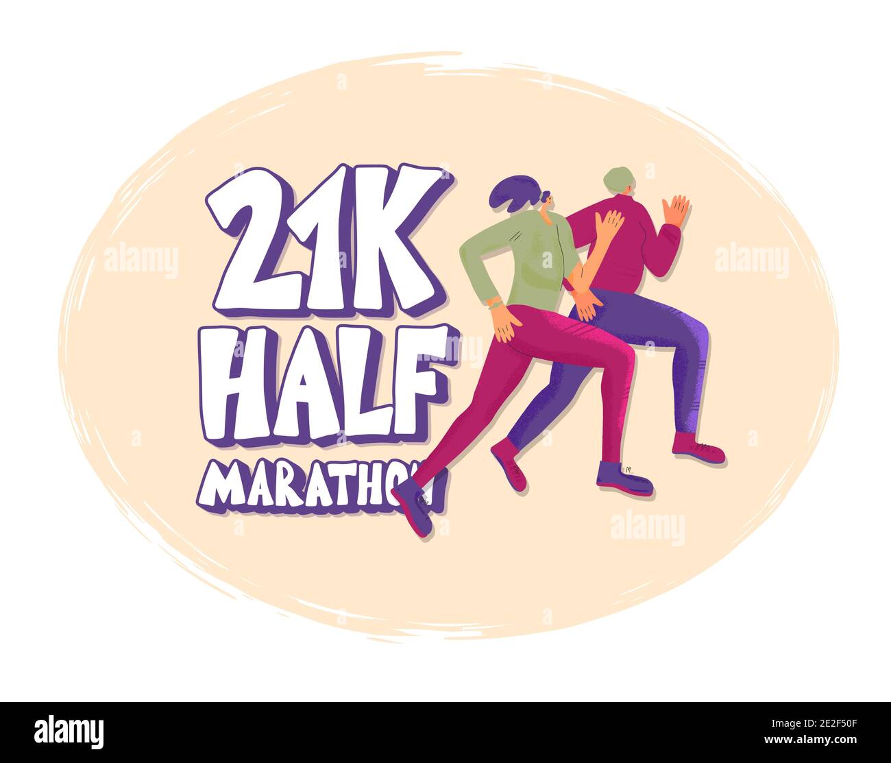 21K half marathon embelm with running girls. Hand drawn phrase with two ...
