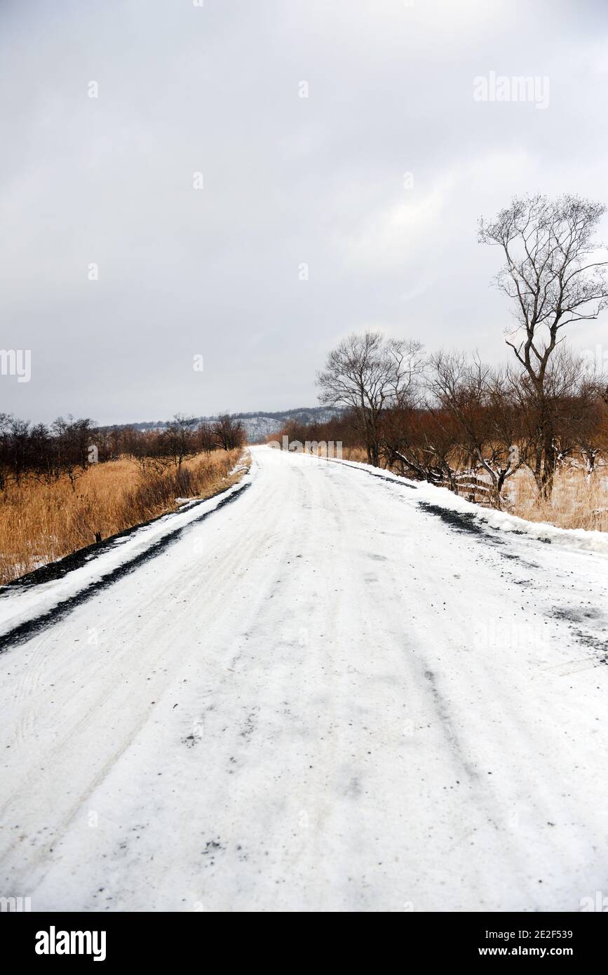 Crossing the railway track of the Nemuro line in Hokkaido, Japan Stock ...
