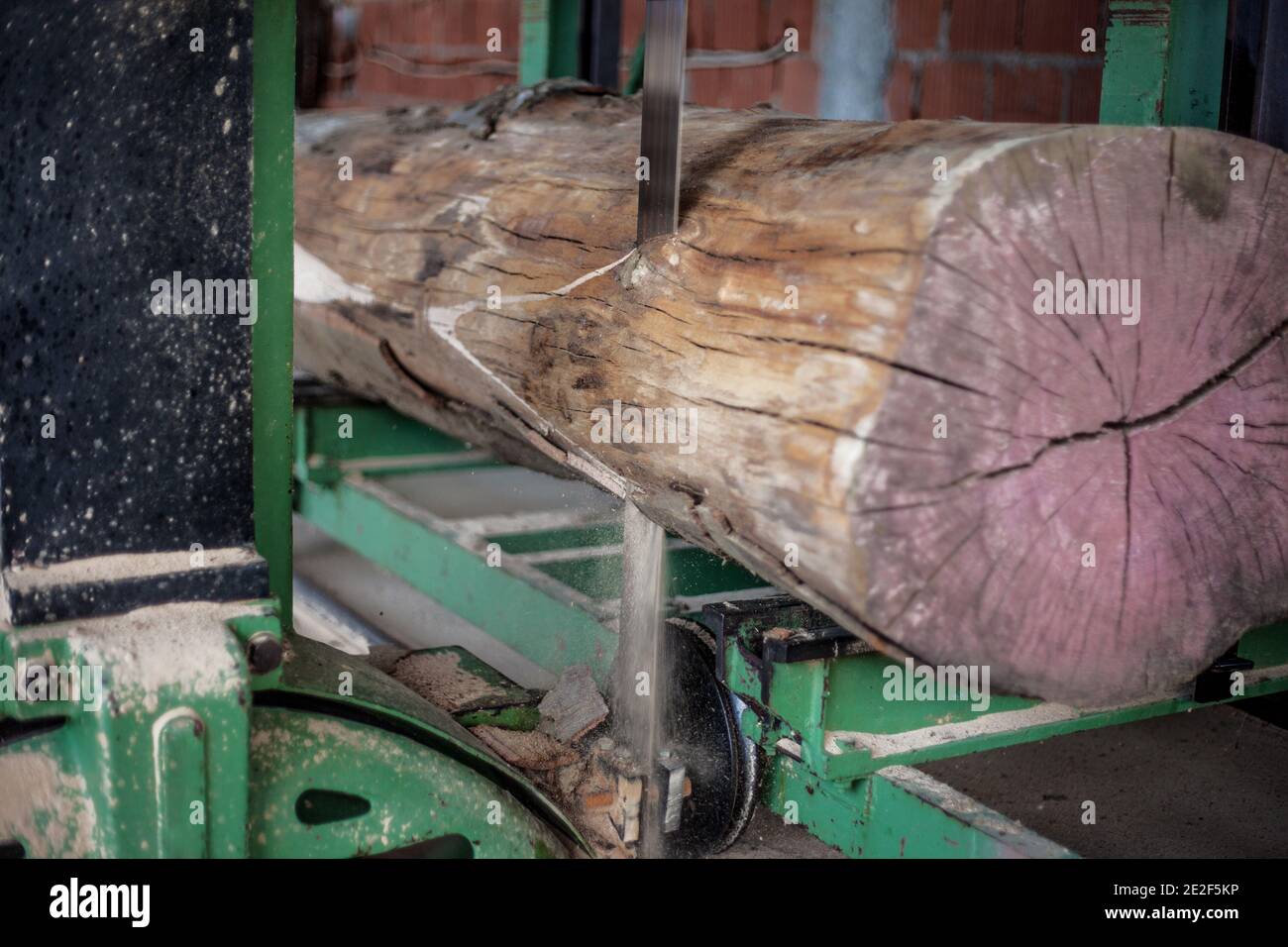 Huge thick log is about to be split into hal by huge industrial machine ...