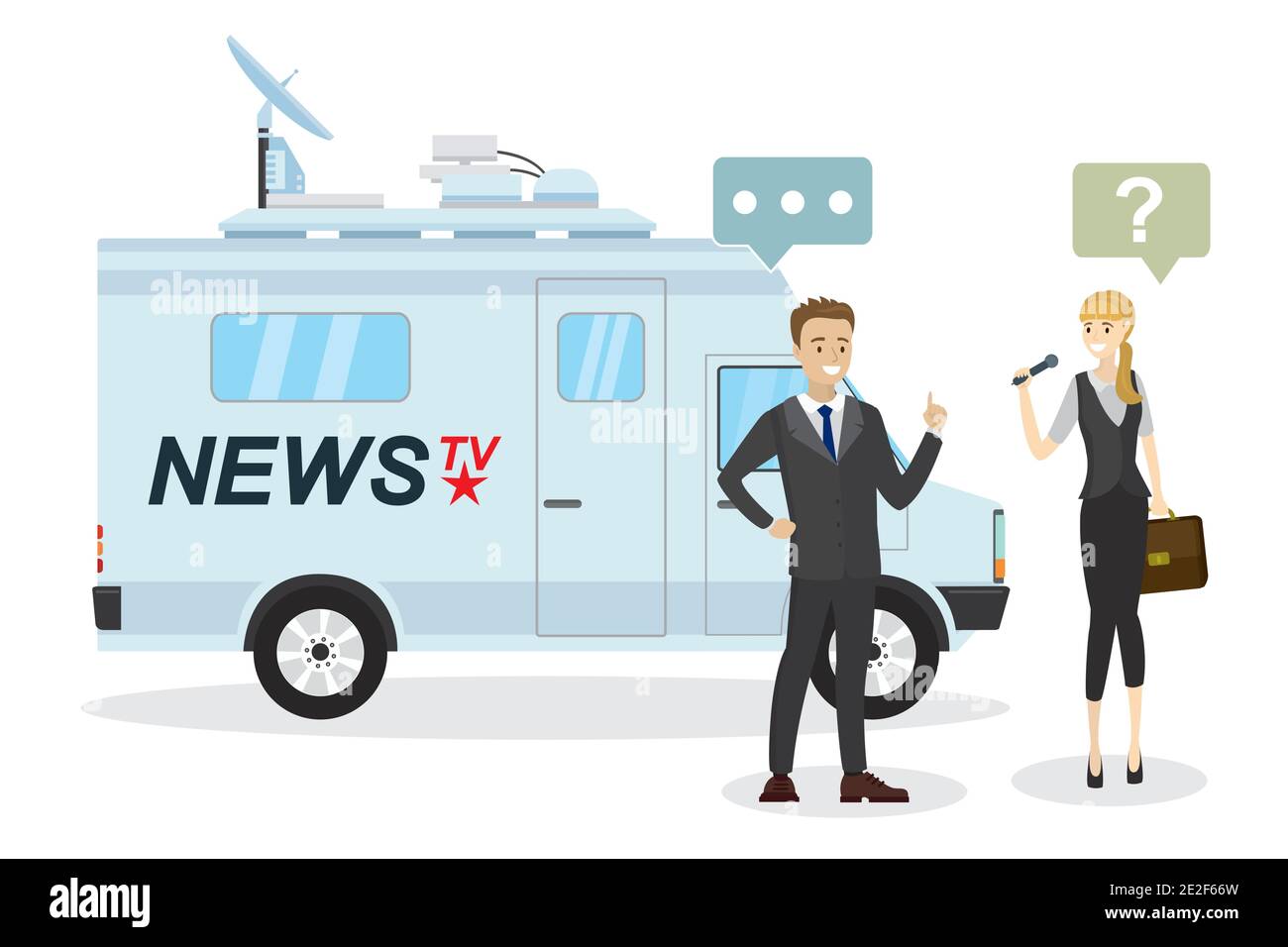 Beautiful female reporter with microphone interviews european businessman,news car on background ...