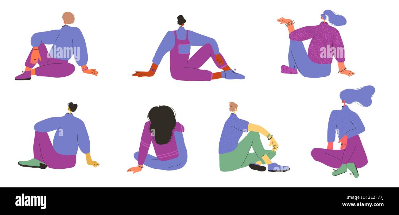 Set of sitting women. Adult characters sitting on the floor isolated on ...