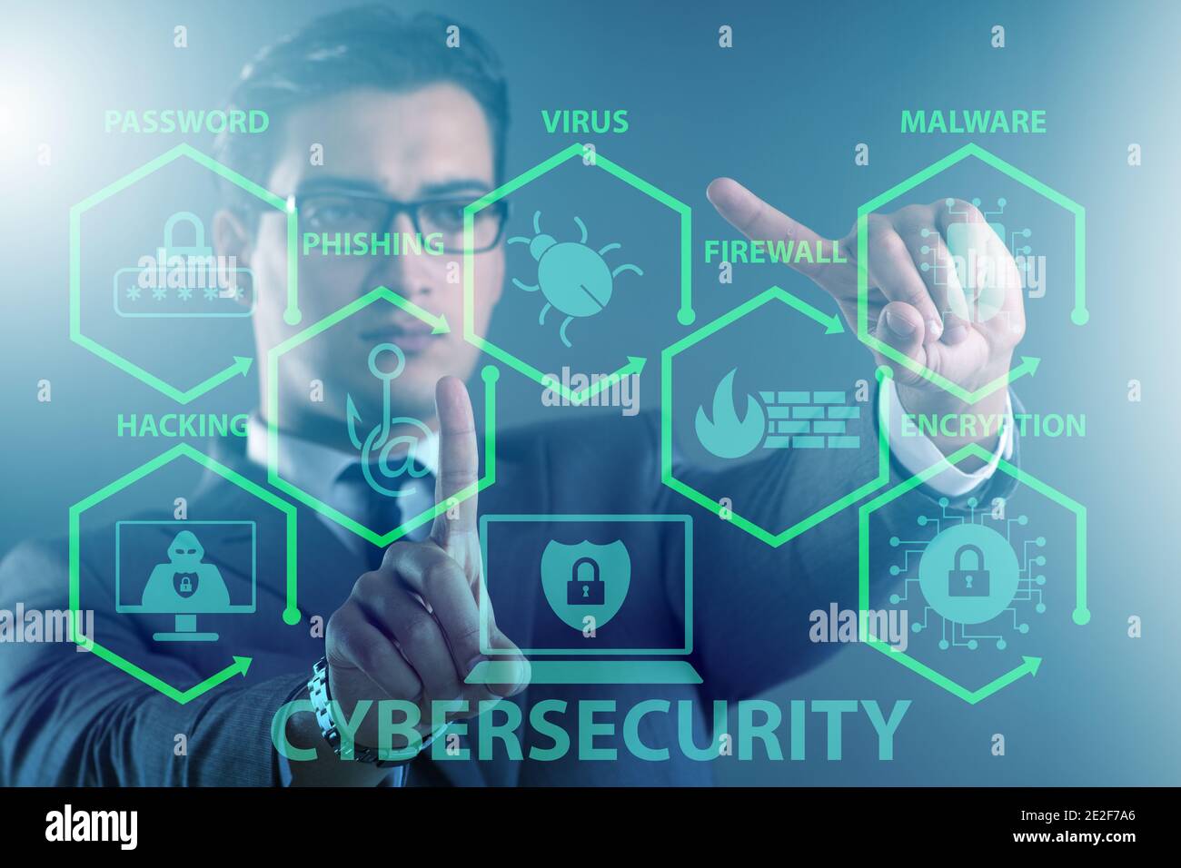 Cybersecurity concept with the businessman pressing button Stock Photo ...
