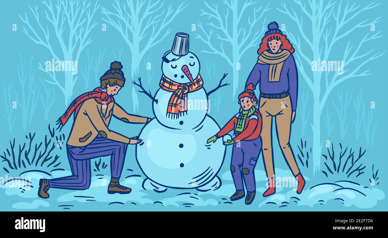 The family makes a snowman for Christmas. Mom Dad baby in the winter ...