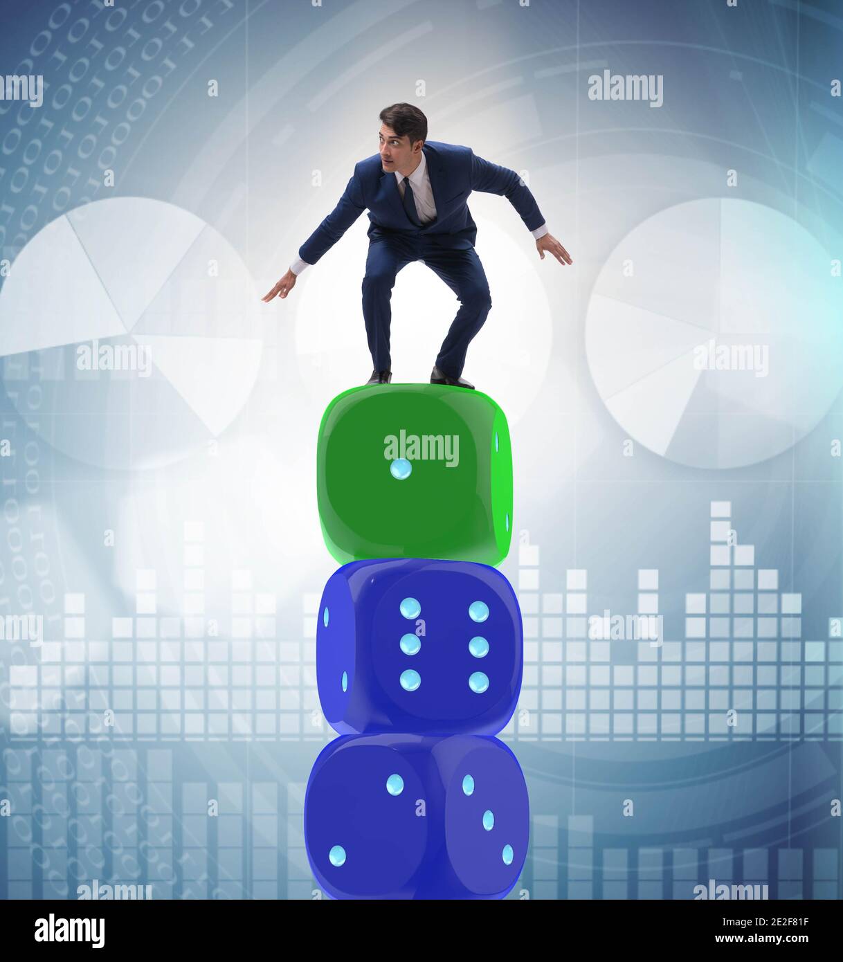 Businessman balancing on top of dice stack in uncertainty concept Stock ...