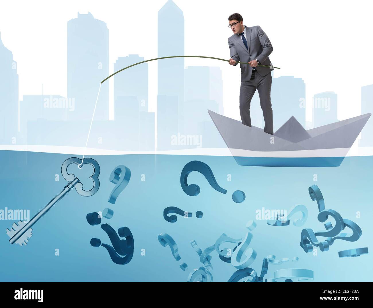 The businessman fishing questions from paper boat ship Stock Photo - Alamy