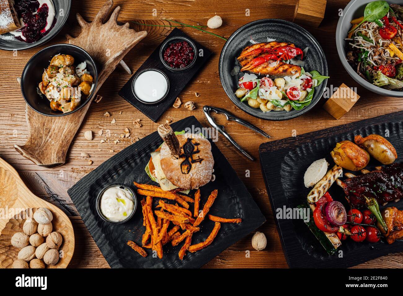 Top view shot of deliciously prepared food in a restaurant Stock Photo ...