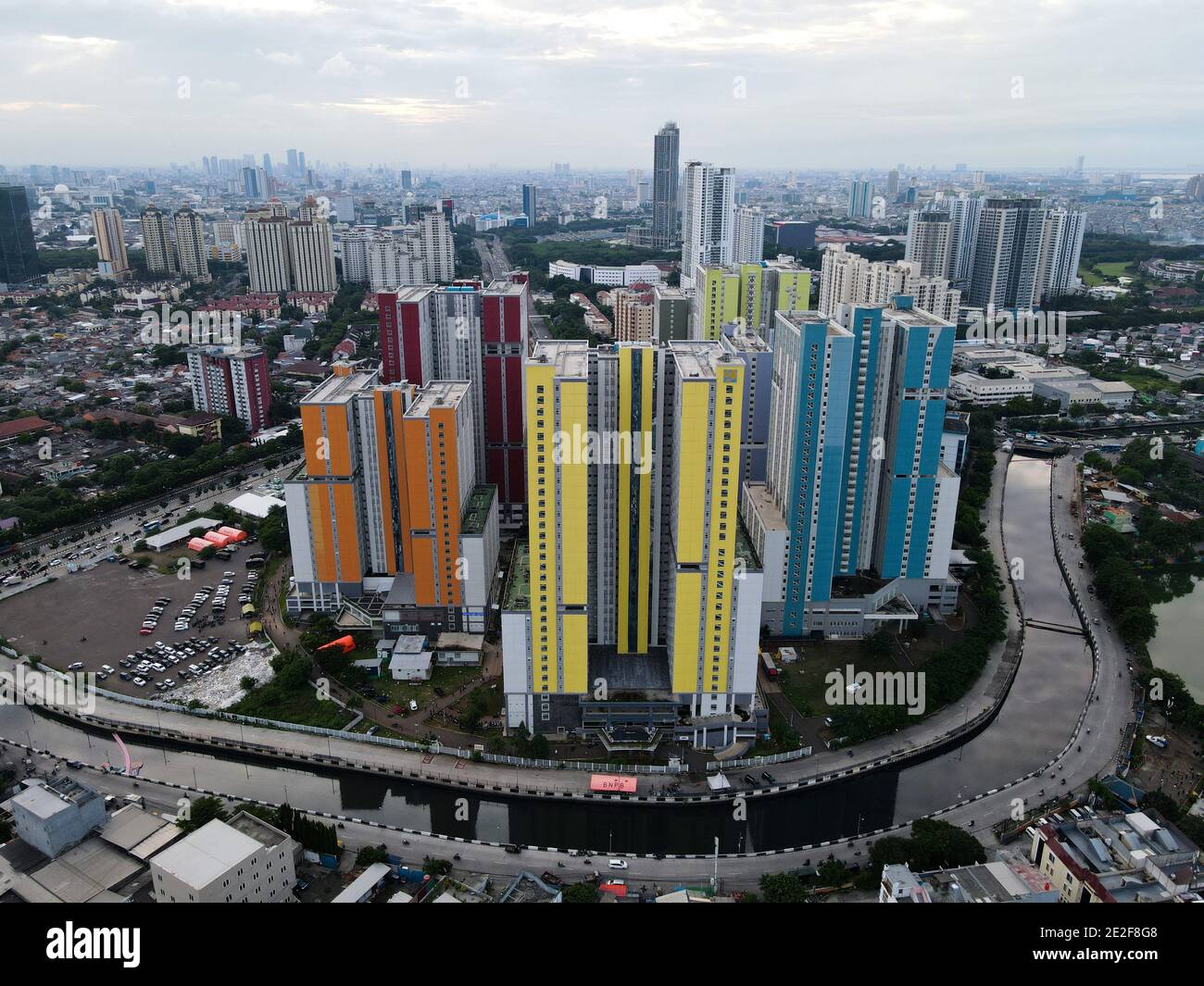 Aerial drone view of modern apartment building in Jakarta central ...