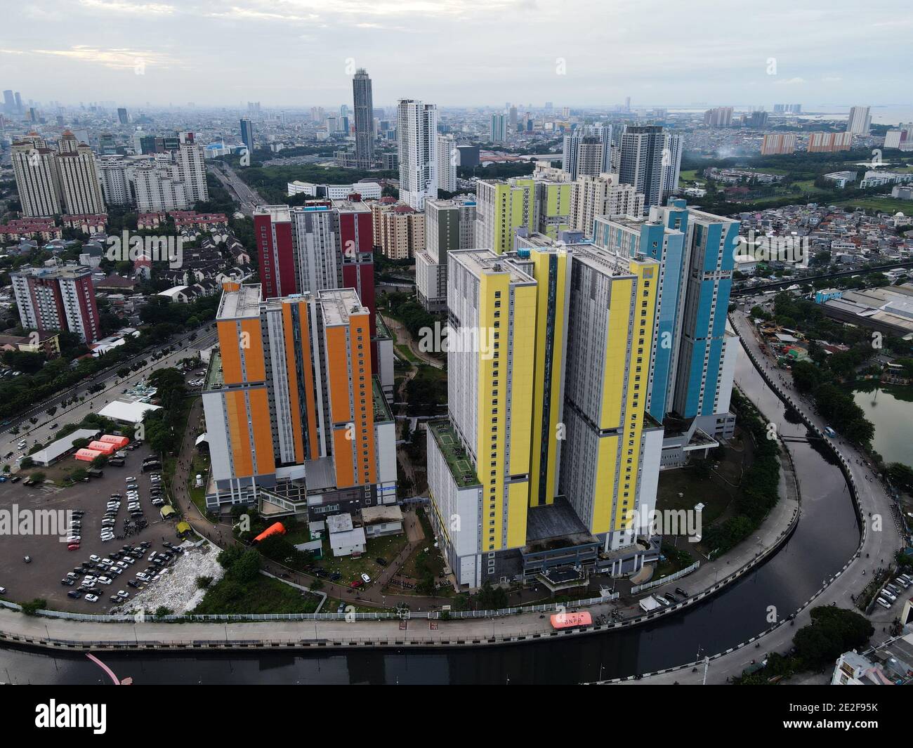 Aerial drone view of modern apartment building in Jakarta central ...