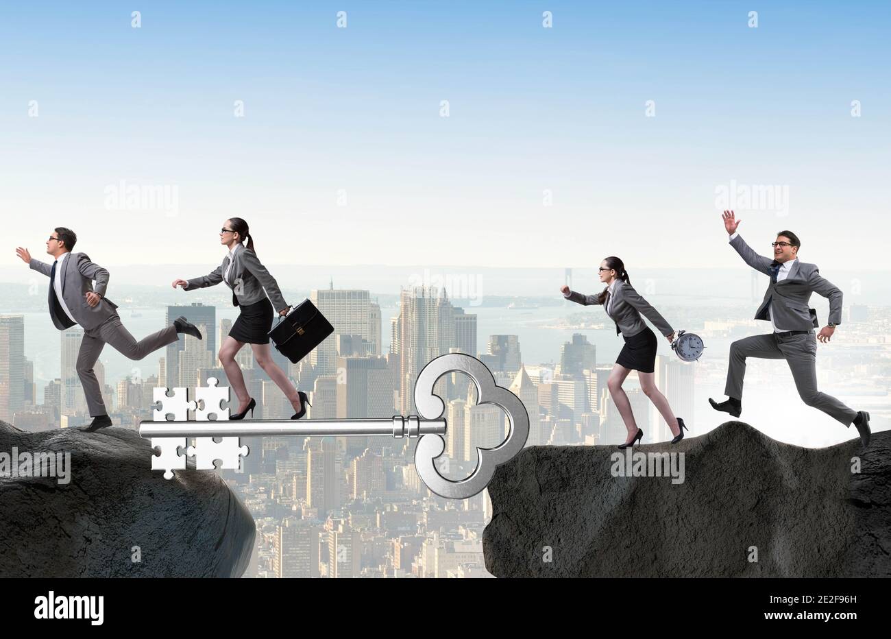 The business people chasing each other towards key to success Stock ...