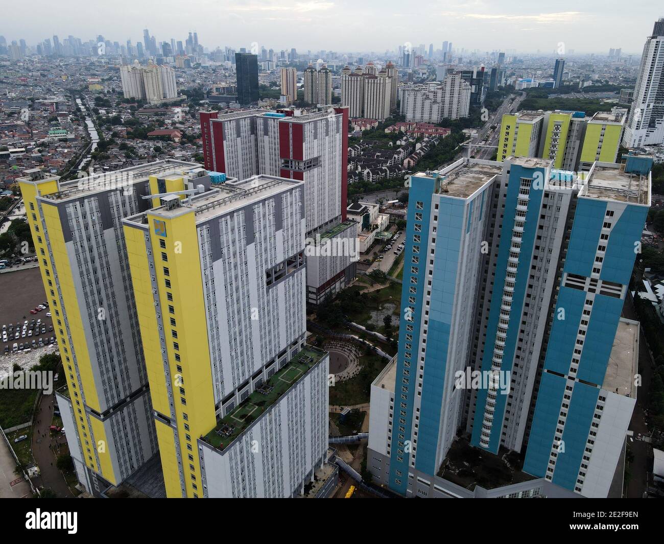 Aerial drone view of modern apartment building in Jakarta central ...