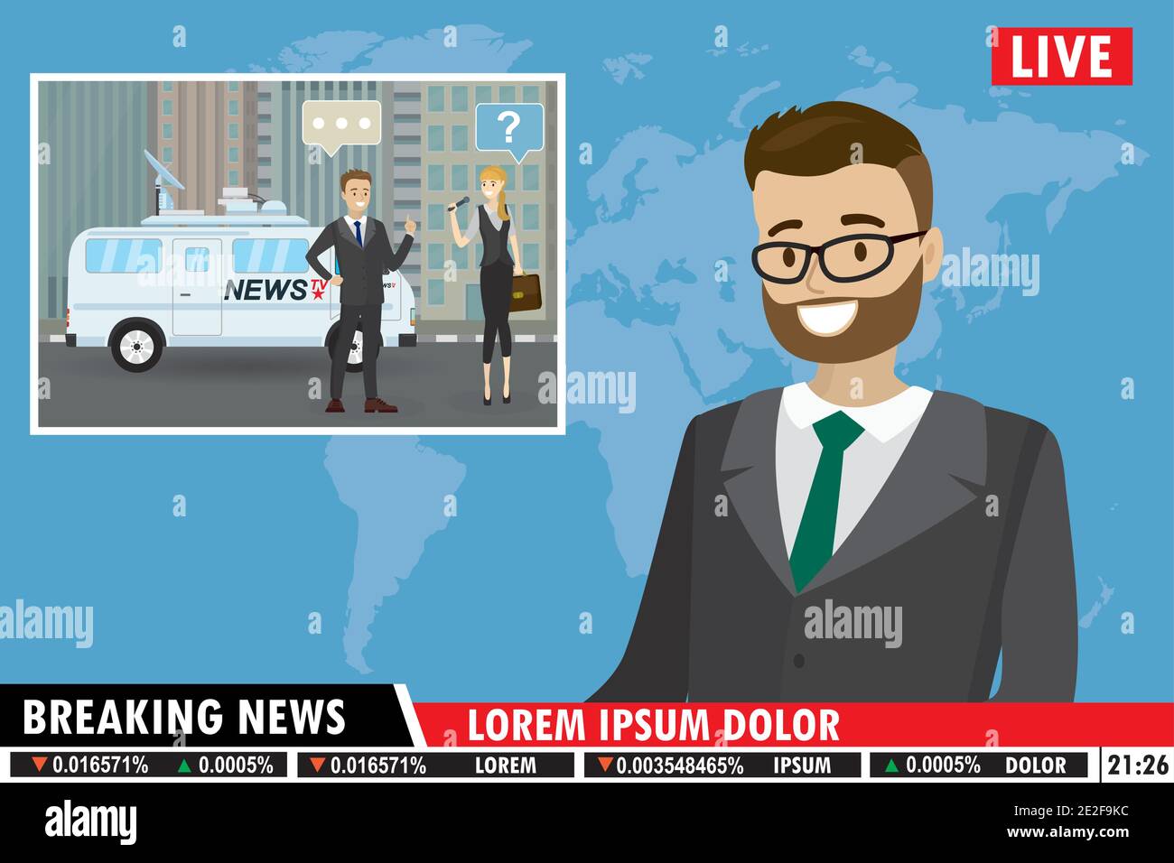 European male news anchor on tv breaking news background,flat vector ...