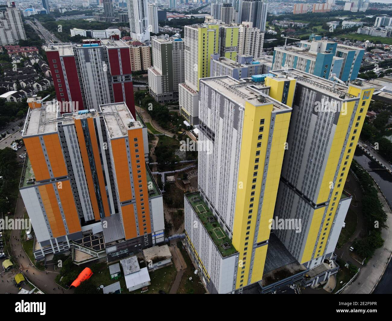 Aerial drone view of modern apartment building in Jakarta central ...