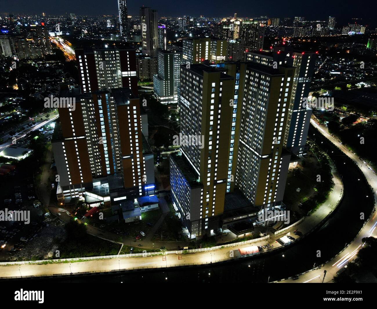 Aerial drone view of modern apartment building in Jakarta central ...