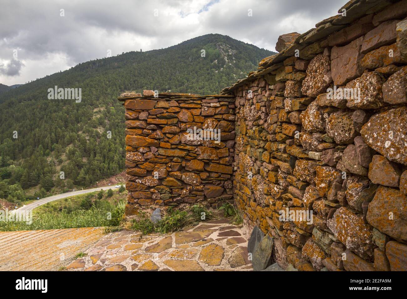 Old weathered building exterior stone-made walls with a forested ...