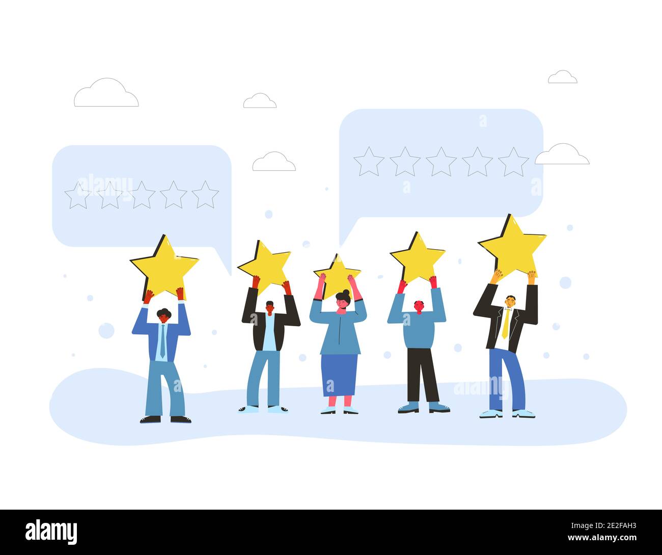 Customer review rating. Feedback concept. Happy clients standing with ...