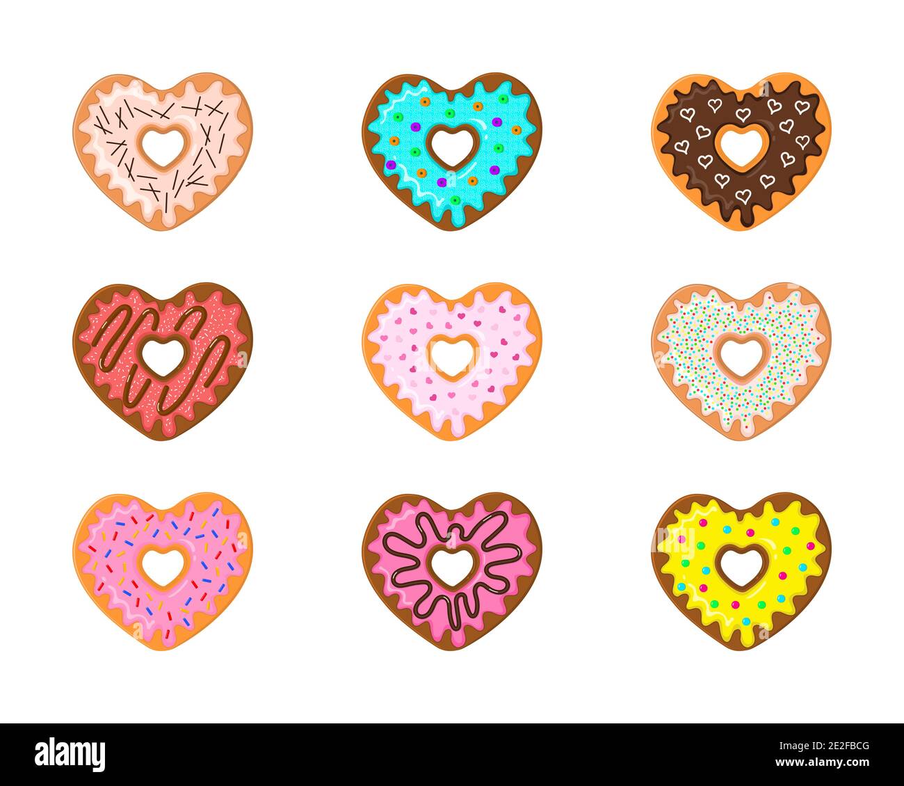 Set of heart shaped donuts isolated on white background. Different ...