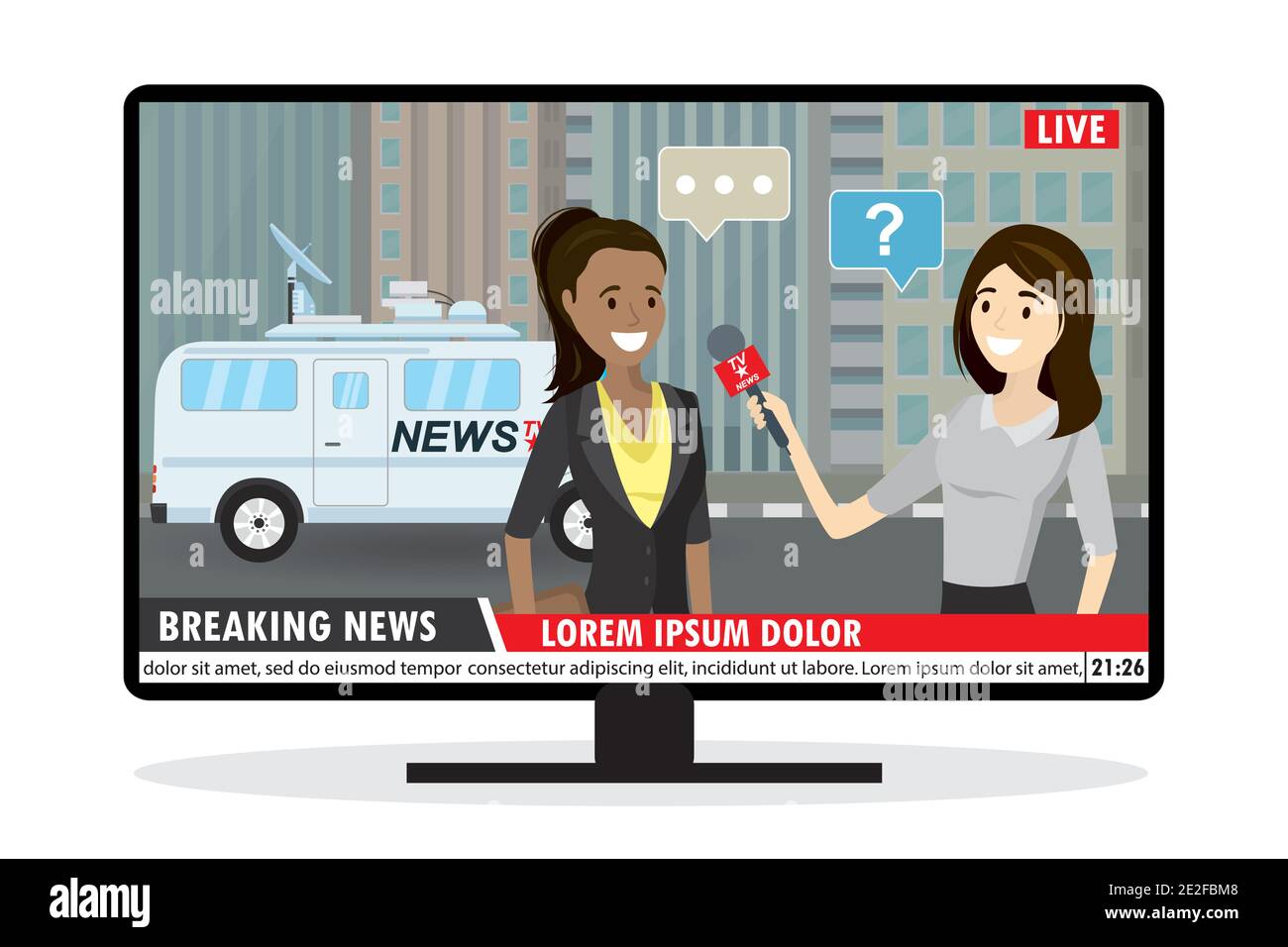 Female television reporter with microphone interviews business woman,TV breaking news on tv ...