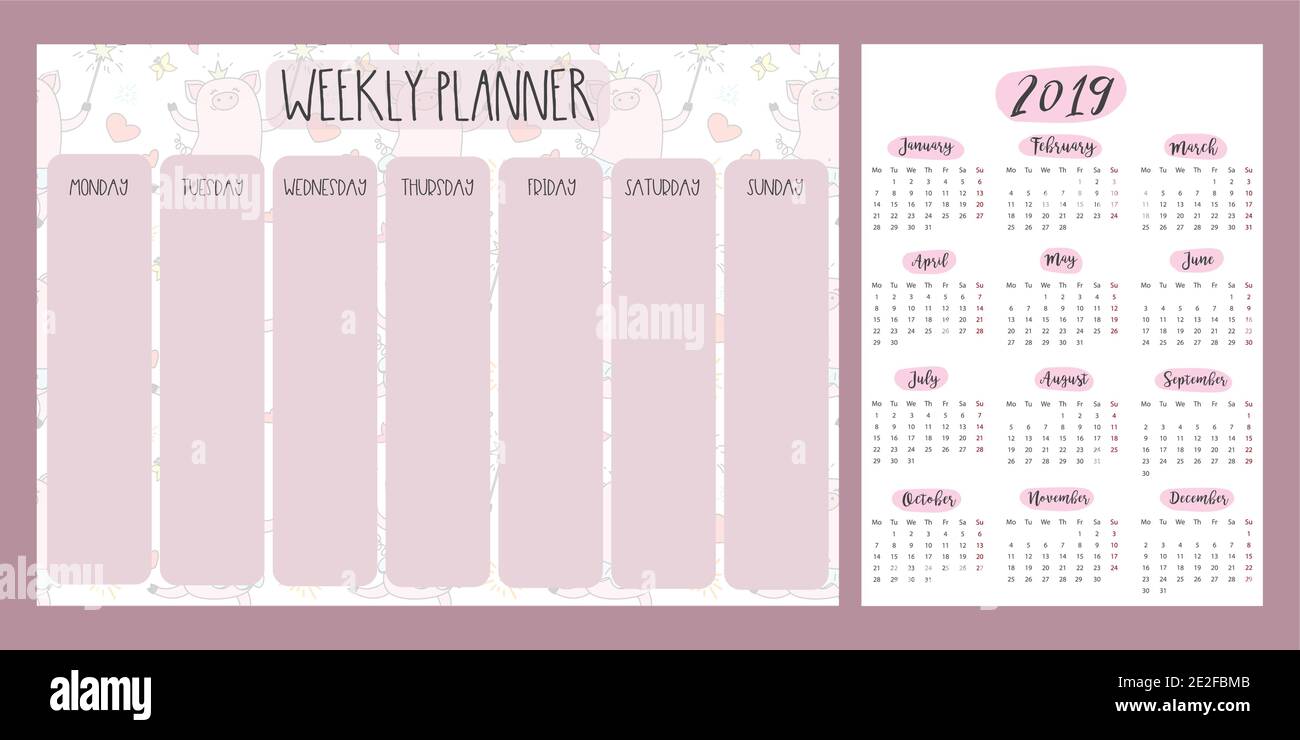 Weekly planner and calendar 2019,template page,doodle hand drawn vector ...