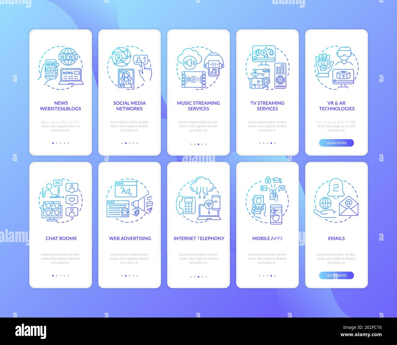 New media kinds onboarding mobile app page screen with concepts set Stock Vector Image & Art - Alamy