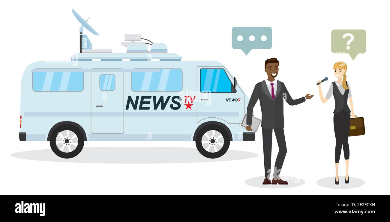 Beautiful female reporter with microphone interviews african american ...