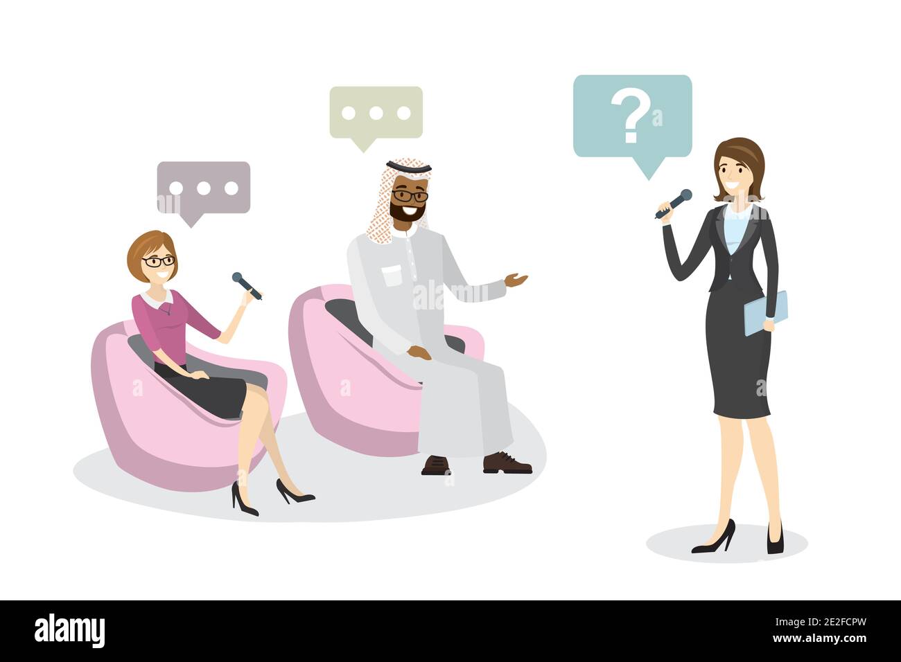 Beautiful female reporter with microphone interviews a arab businessman ...