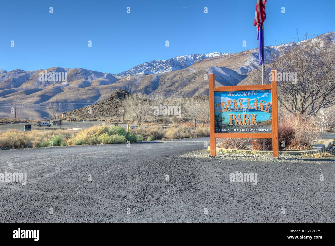 TOPAZ LAKE, NEVADA, UNITED STATES - Dec 23, 2020: A wooden sign marks ...